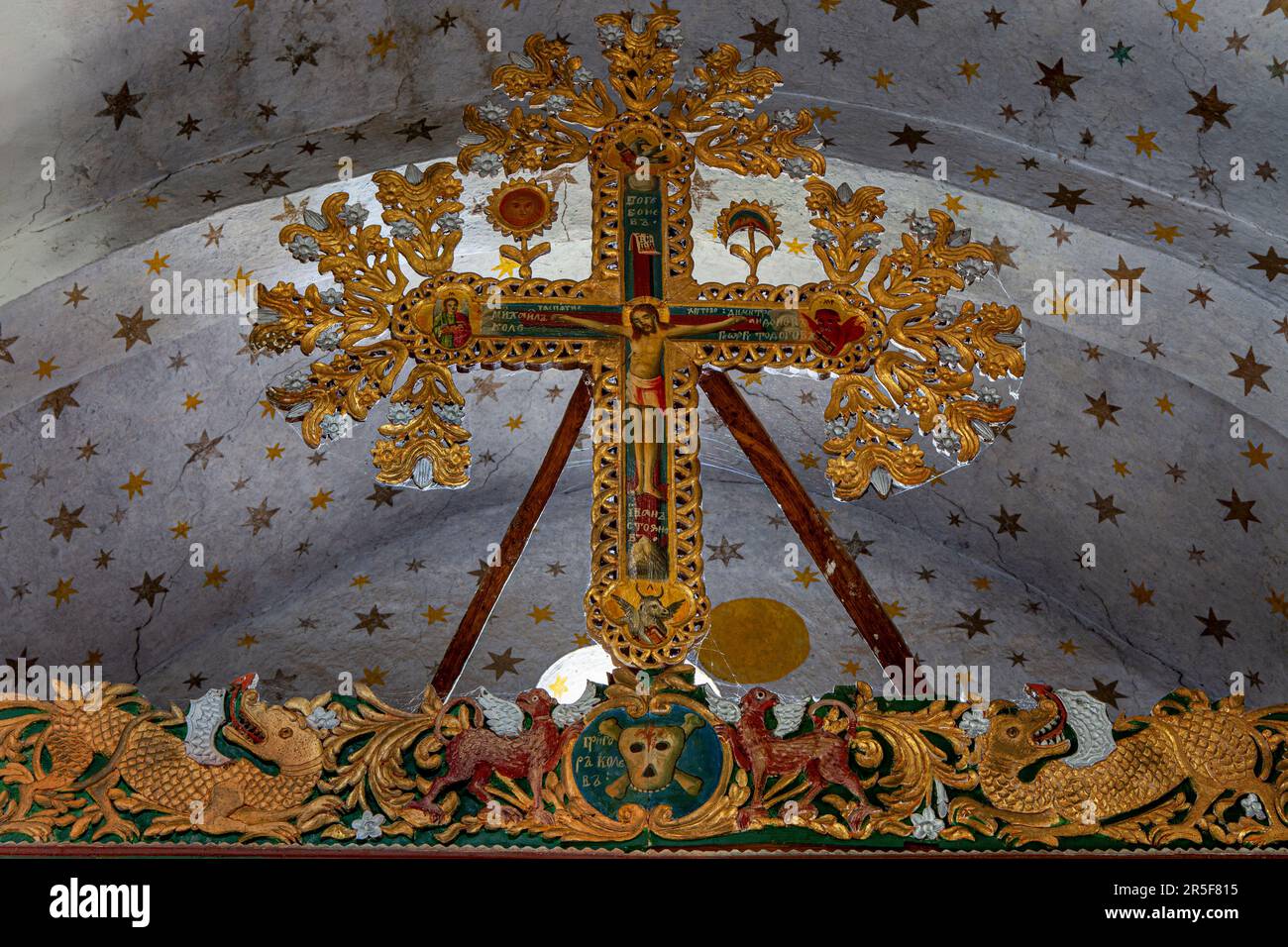 Ornate wooden cross on iconostasis, Eastern European culture, orthodoxy ...