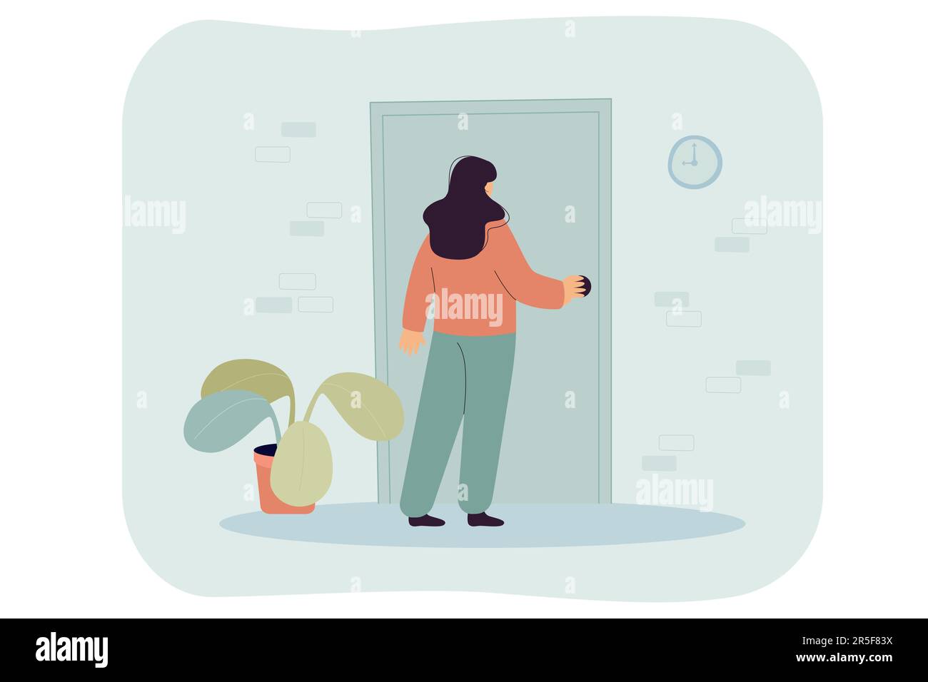 Cartoon girl closing apartment door or hearing knock outside Stock ...