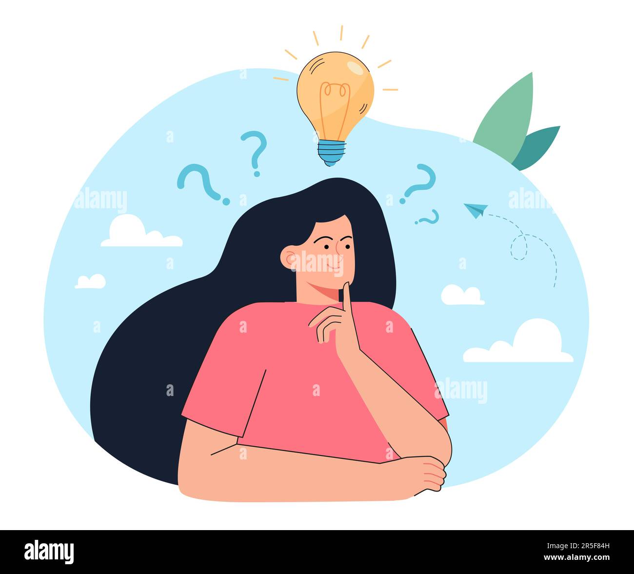 Woman thinking with bright light bulb, question mark overhead Stock ...