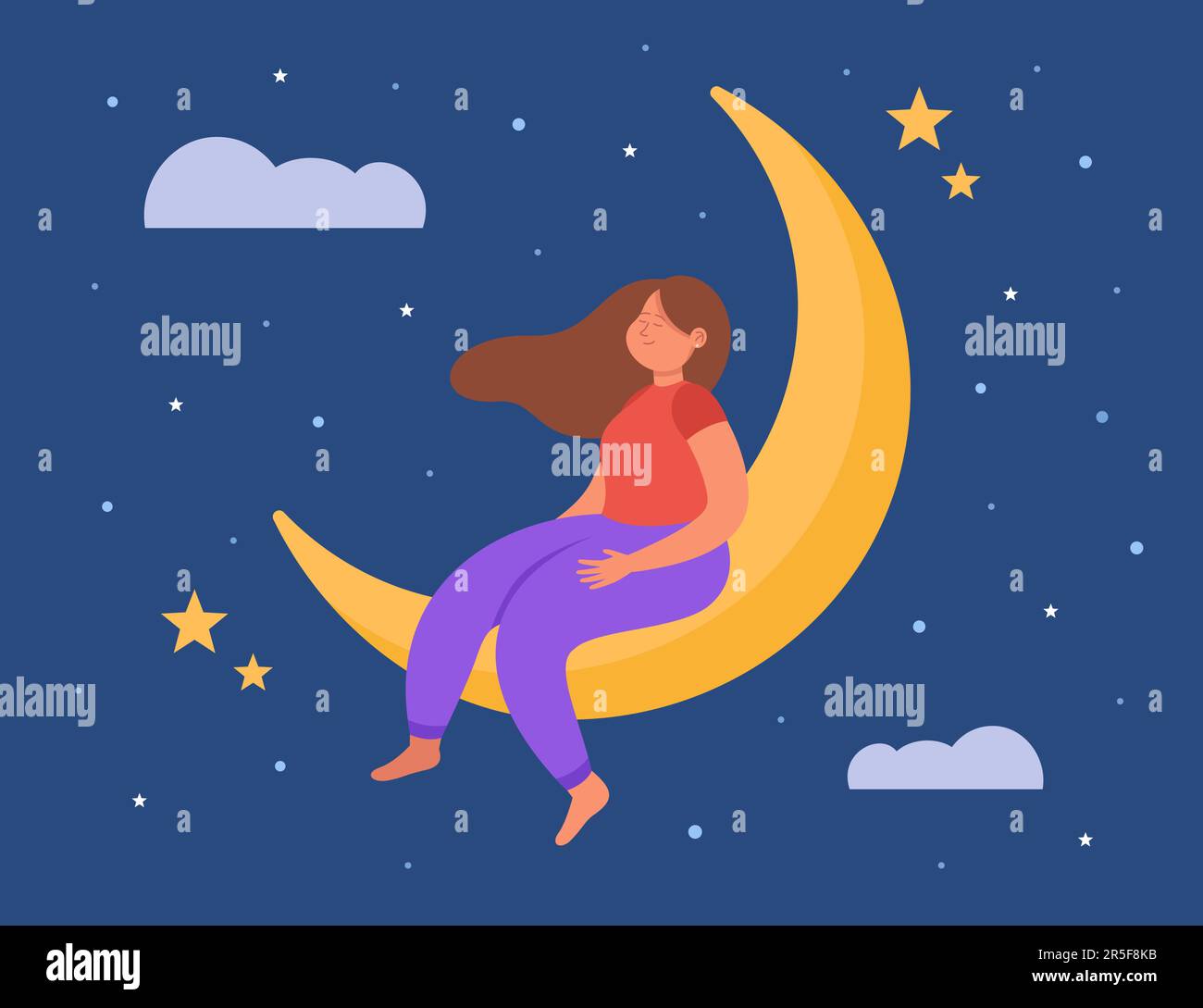 Calm cartoon girl dreaming while sitting on moon Stock Vector Image ...