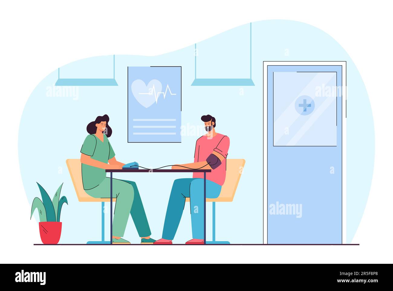 Cartoon cardiologist taking blood pressure of sick man in office Stock ...