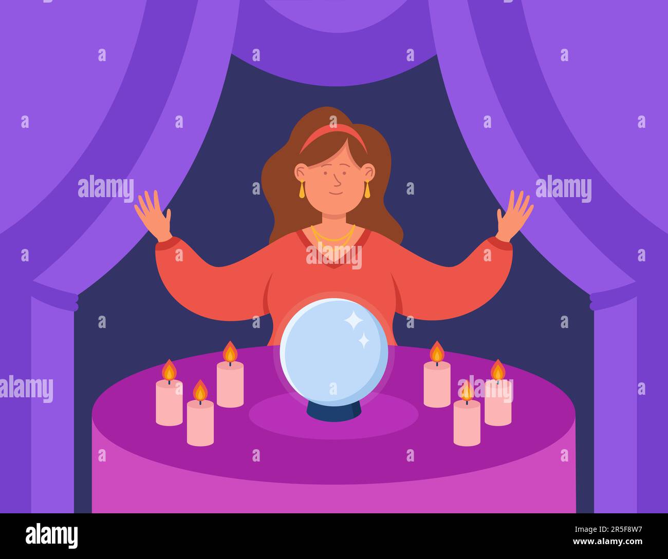 Mystery fortune seer with crystal ball and candles on table Stock ...