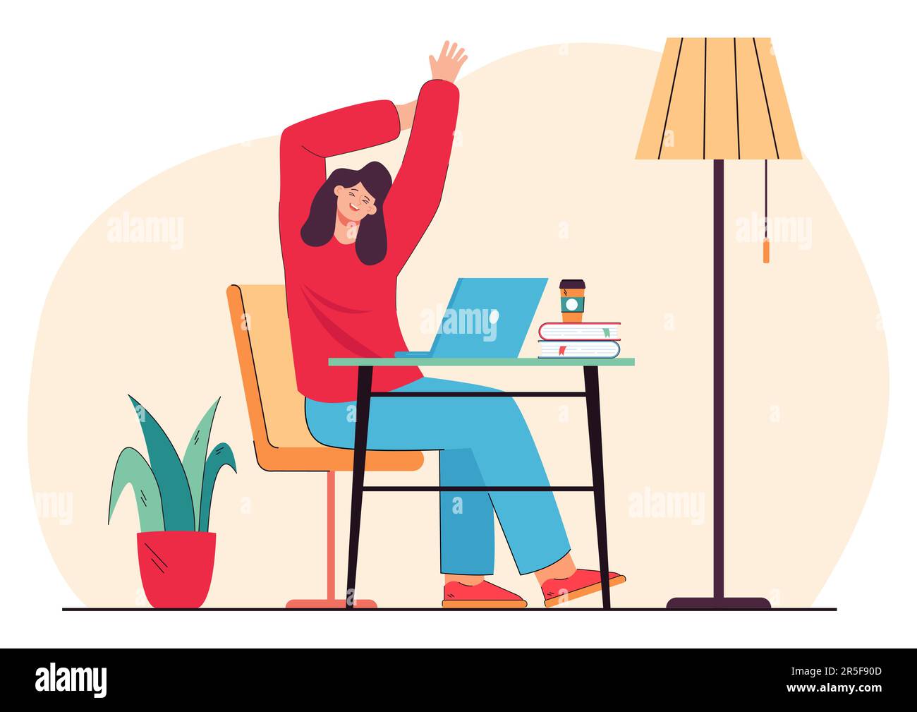 Happy employee taking break from work and stretching at desk Stock ...