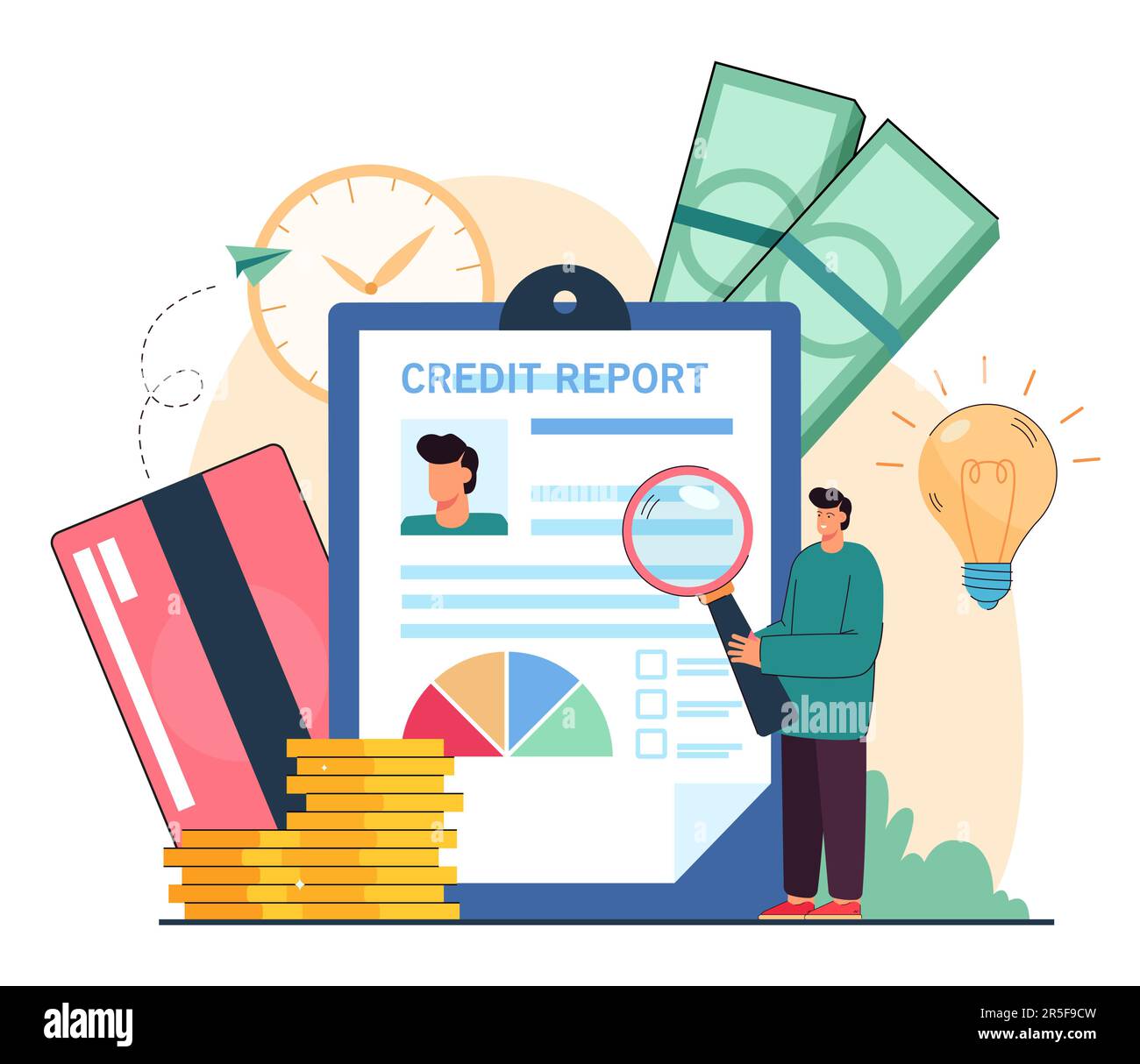 Check of credit history by tiny man with magnifying glass Stock Vector ...