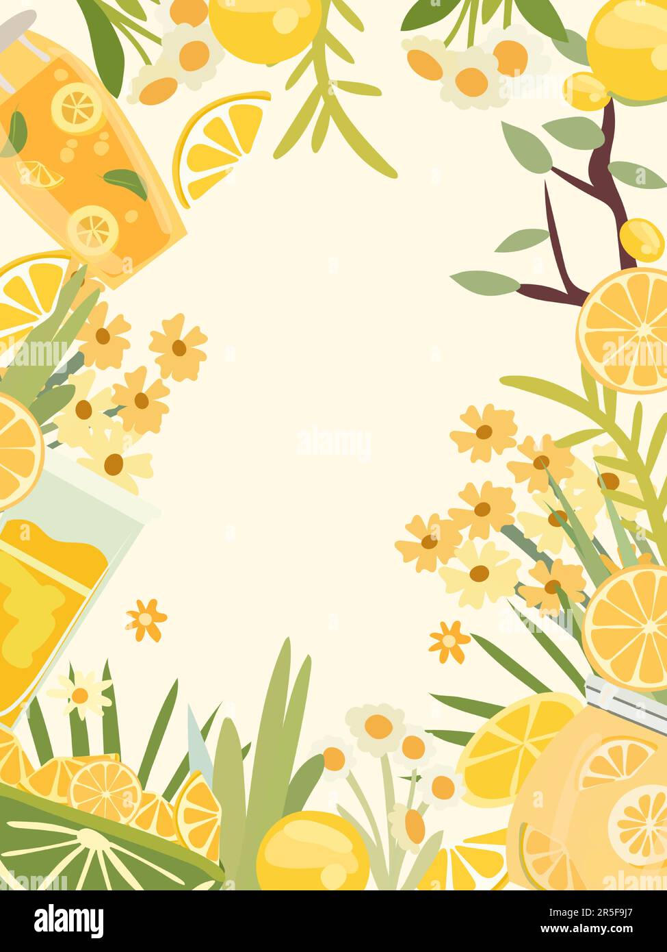 Bright illustration with lemonade in a jar, flowers, green leaves, etc ...