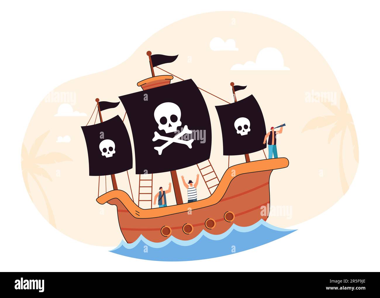 Cartoon pirates sailing ship with black flag of Jolly Roger Stock ...
