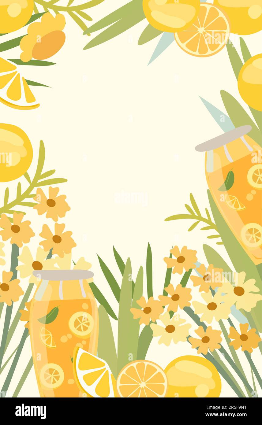 Bright illustration with lemonade in a jar, flowers, green leaves, etc ...