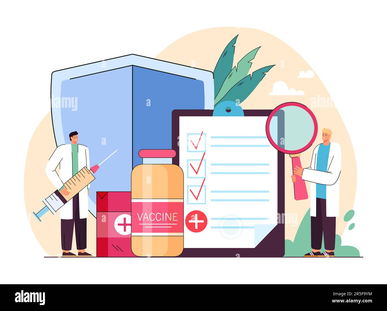 Tiny doctors standing with vaccine bottle and syringe injection Stock ...