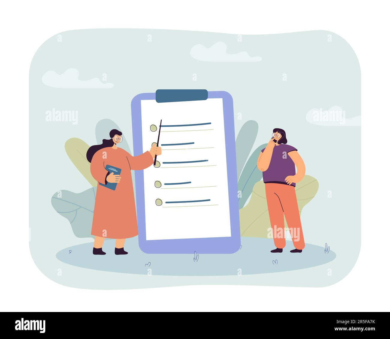 Cartoon teacher showing test questions to female student Stock Vector ...