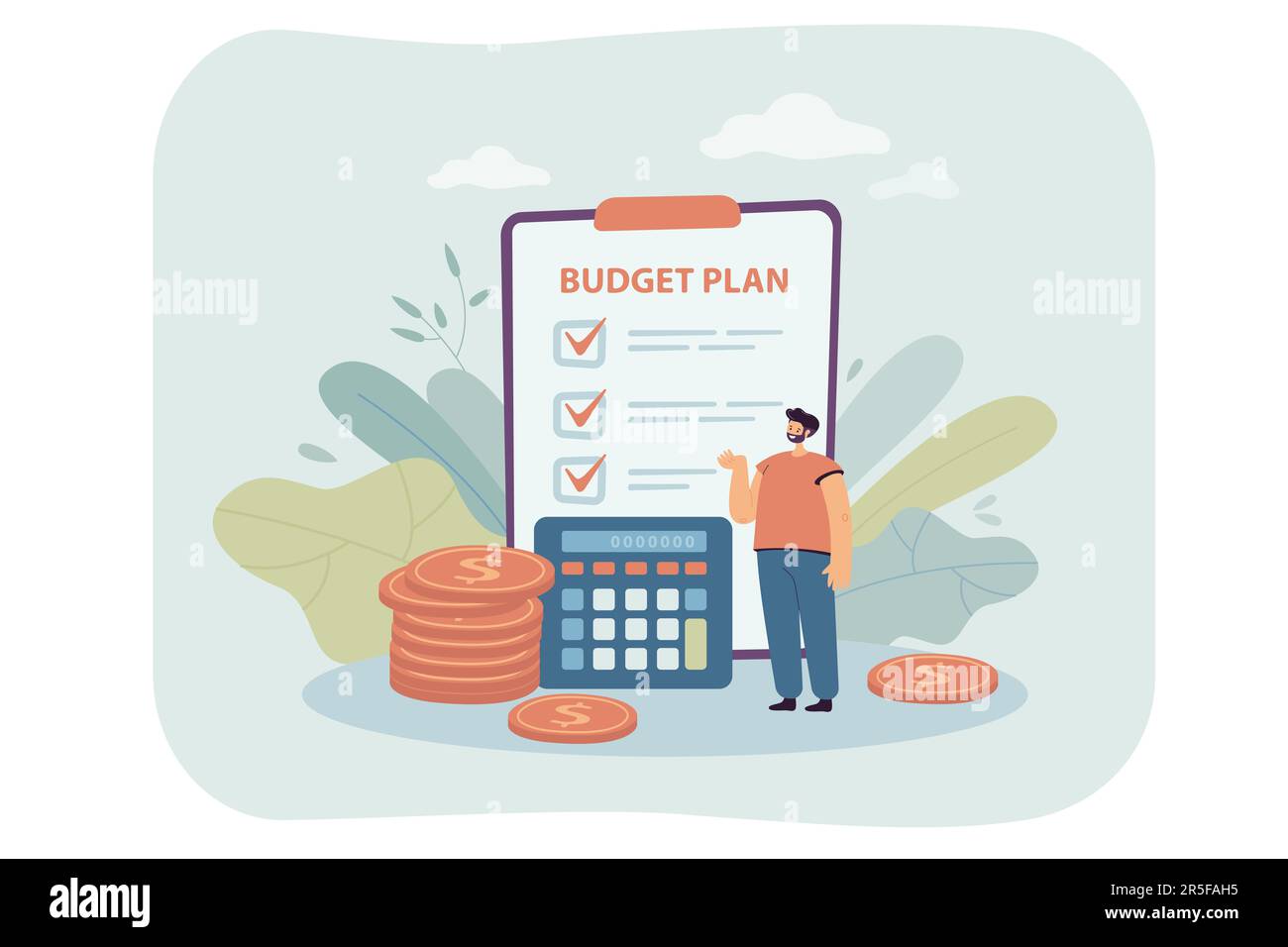 Tiny cartoon man with budget plan on clipboard and calculator Stock ...