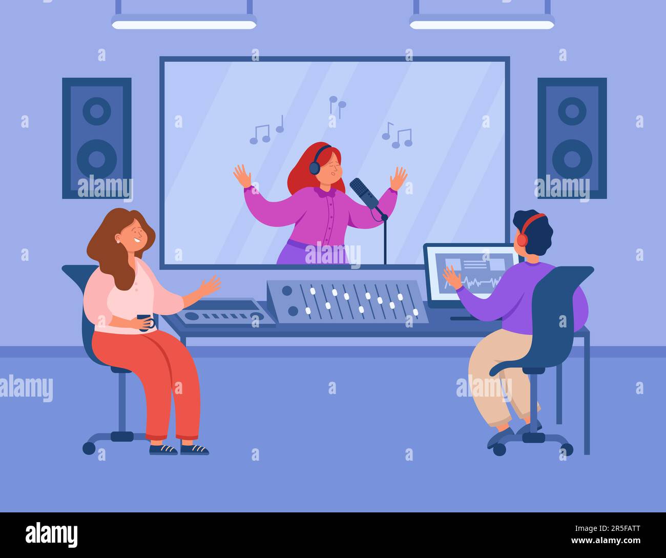 Music producer at mixing desk listening to singer in studio Stock ...