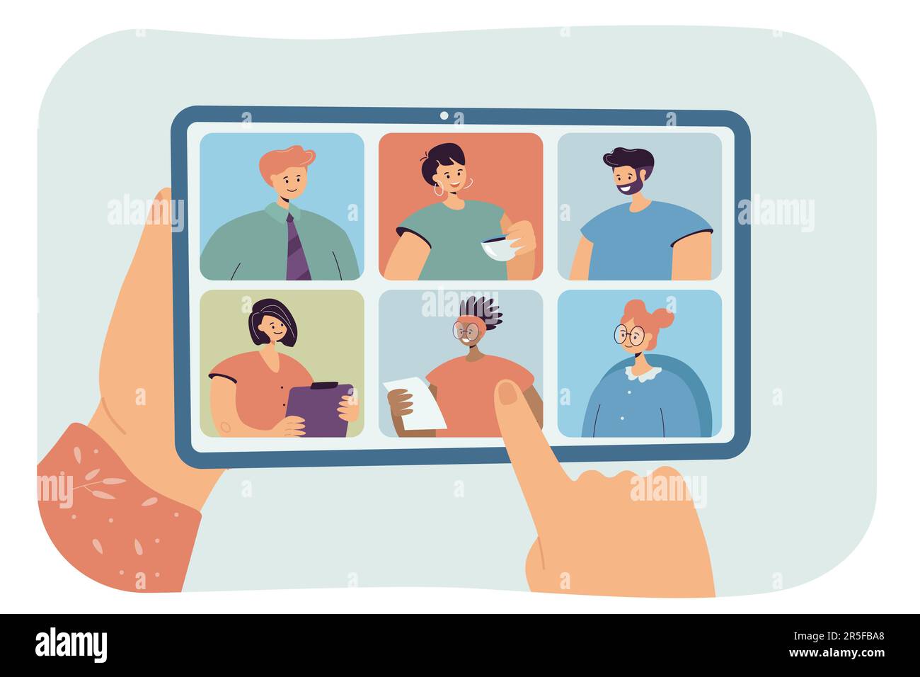 Hands holding tablet with group video call on screen Stock Vector Image ...