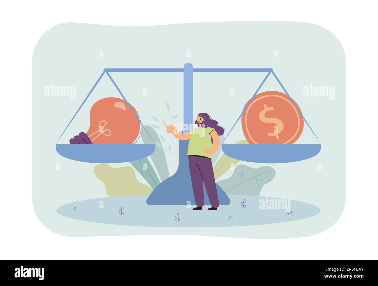 Cartoon girl in front of huge scales with lightbulb and coin Stock ...