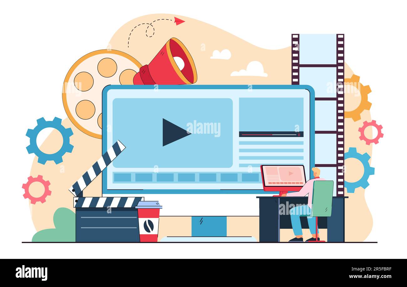 Male cartoon character publishing multimedia content in studio Stock ...