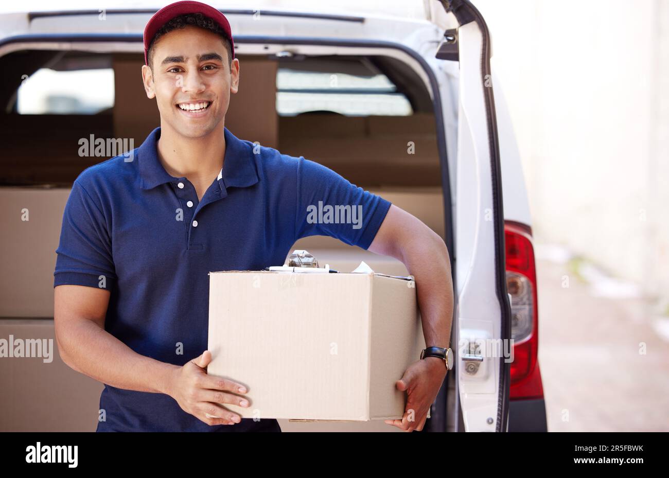 Delivery, box and portrait of man in van with checklist for shipping ...