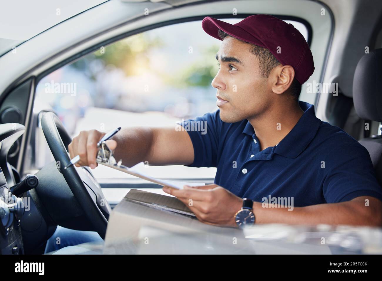 Delivery van, clipboard and man writing with checklist for shipping ...
