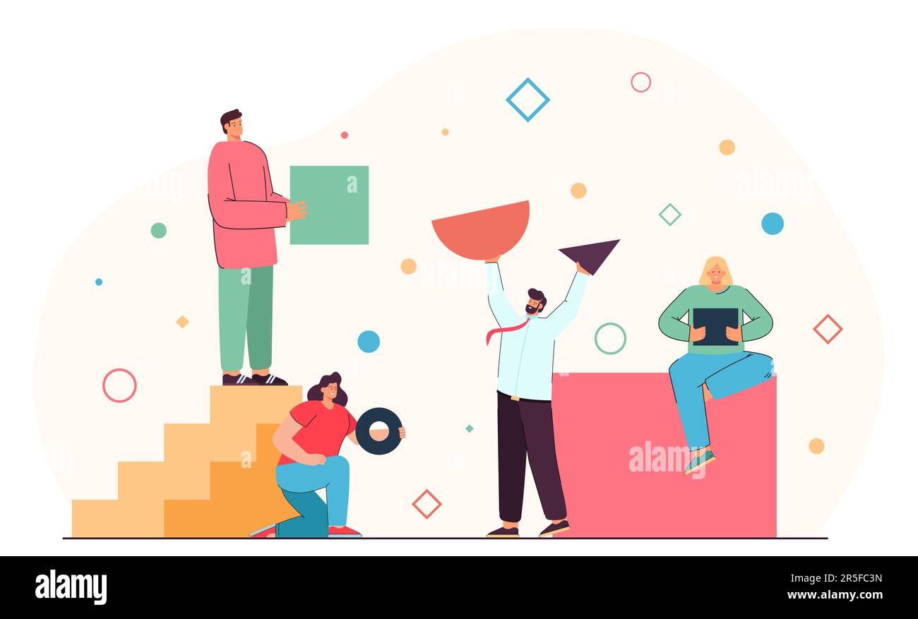 Team of people organizing geometric figures of different shapes Stock ...