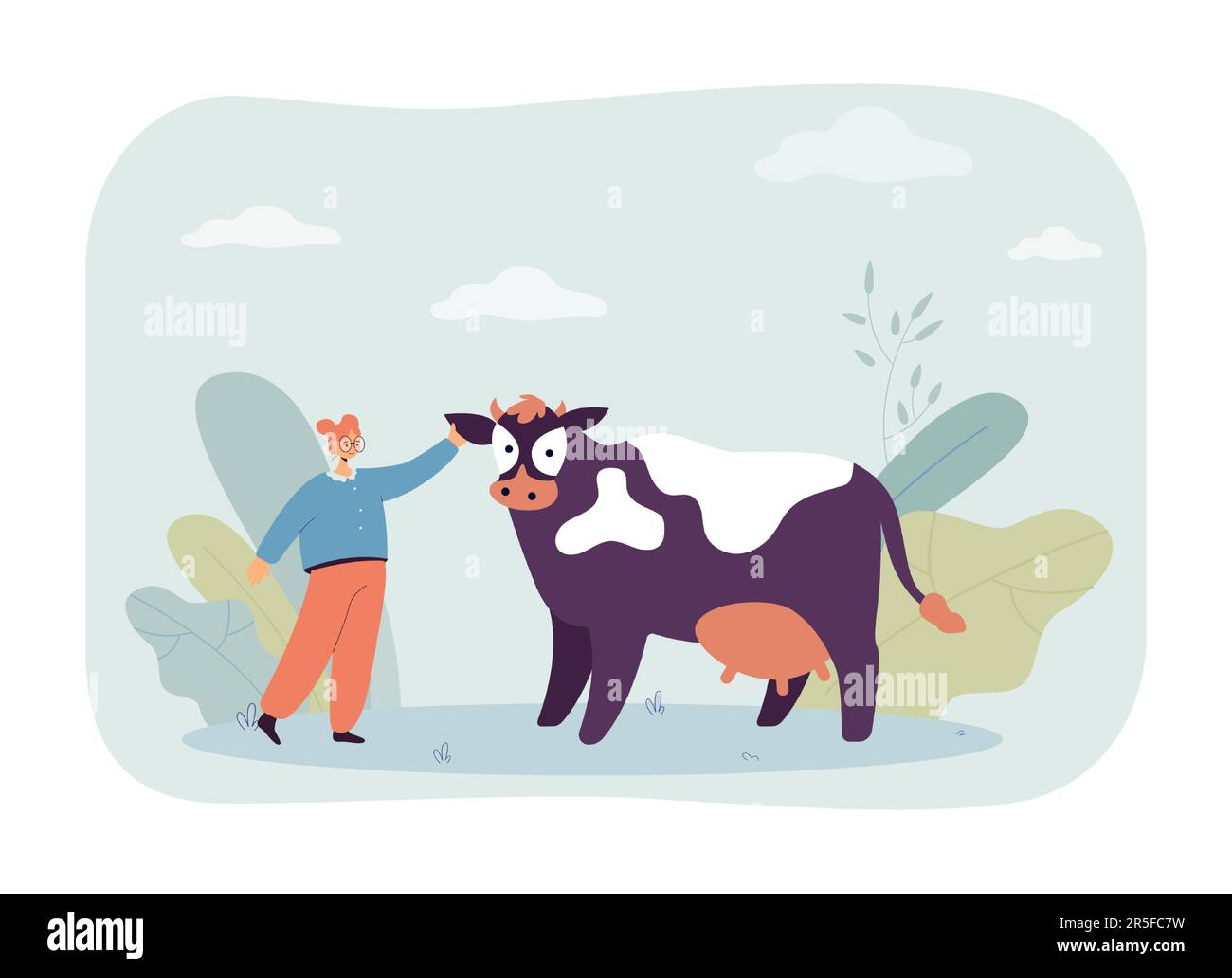 Girl standing near cow and patting it Stock Vector Image & Art - Alamy