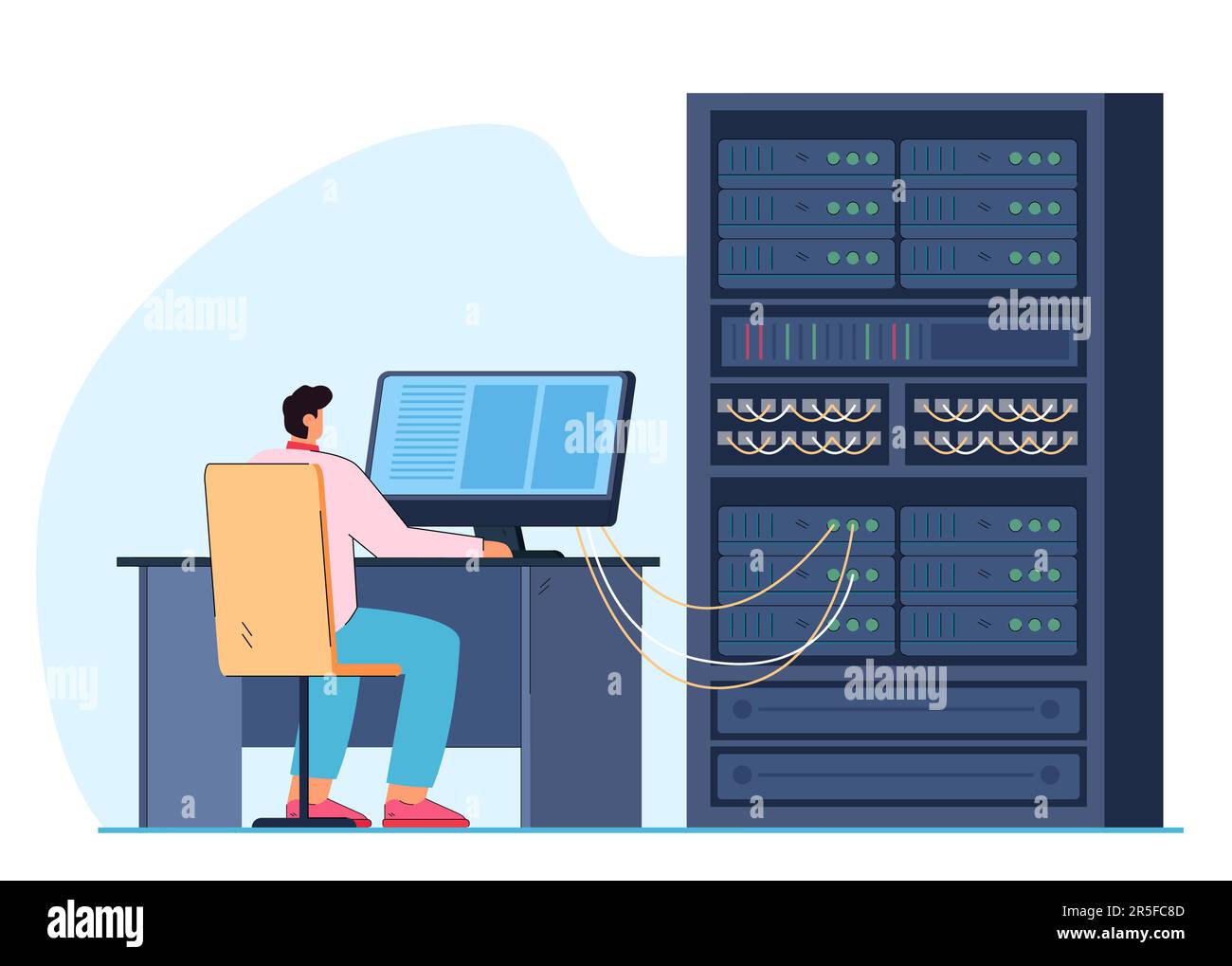 Man engineer working on computer server rack switchboard Stock Vector ...