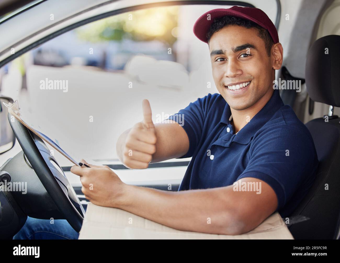 Delivery, thumbs up and portrait of man in van with checklist for ...