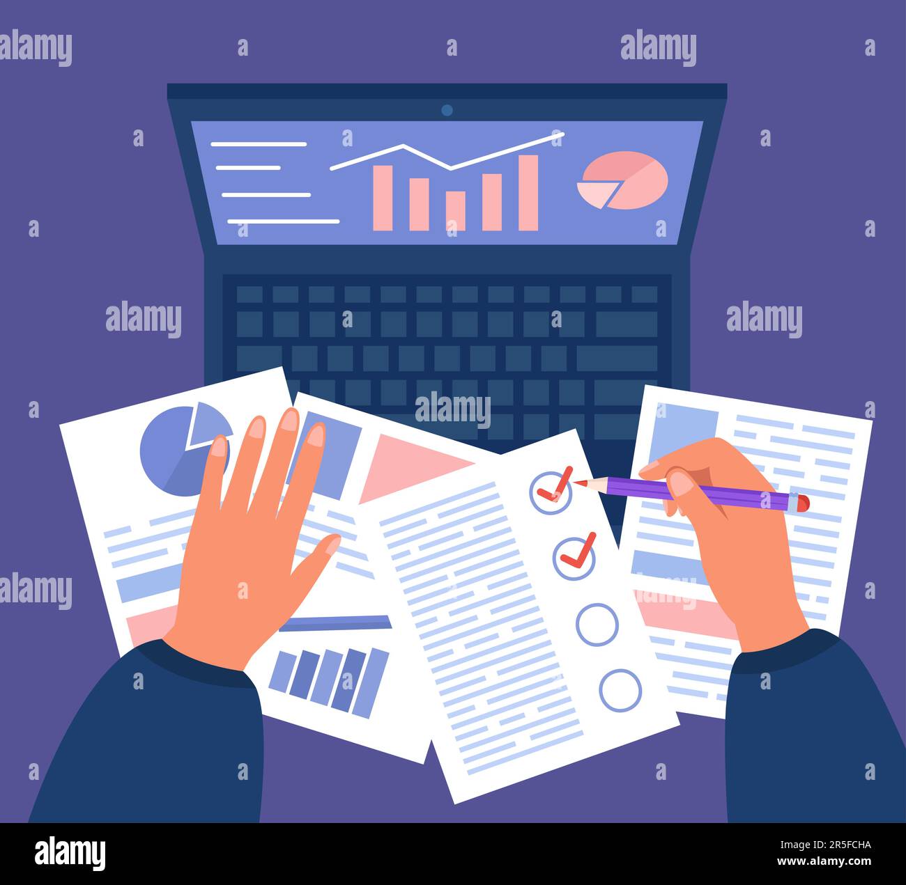 Hands of accountant with documents and computer Stock Vector Image ...