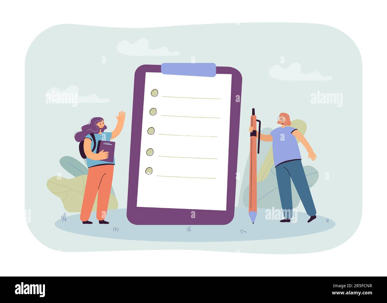 Cartoon schoolgirls standing next to huge checklist Stock Vector Image ...