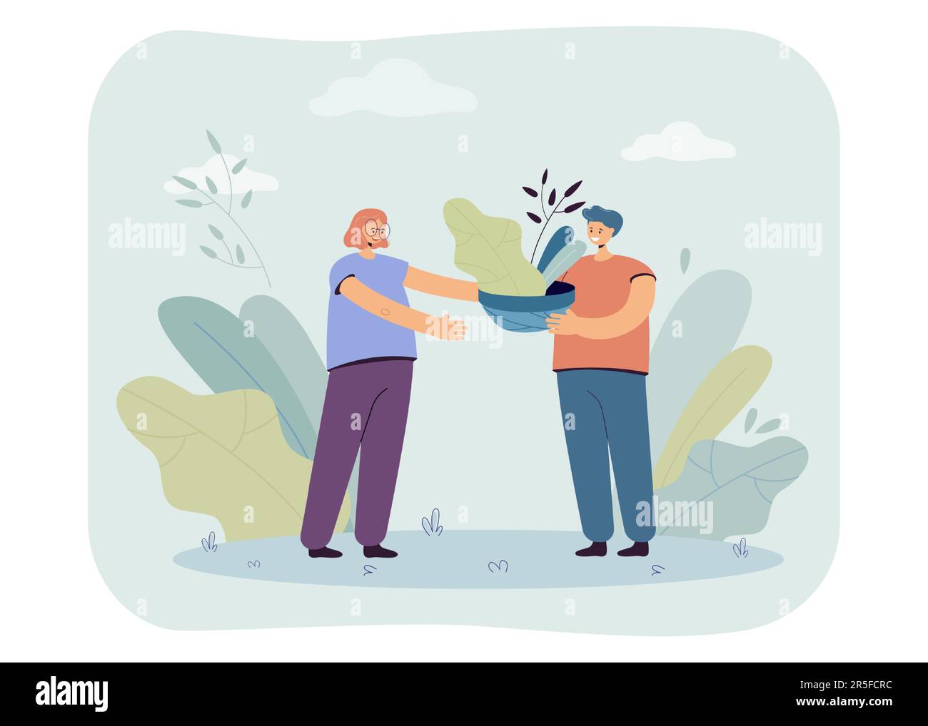 Female cartoon character giving potted plant to male friend Stock ...