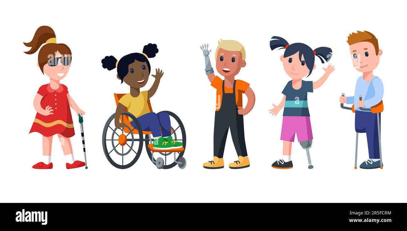 Cartoon kids with physical disabilities vector illustrations set Stock ...