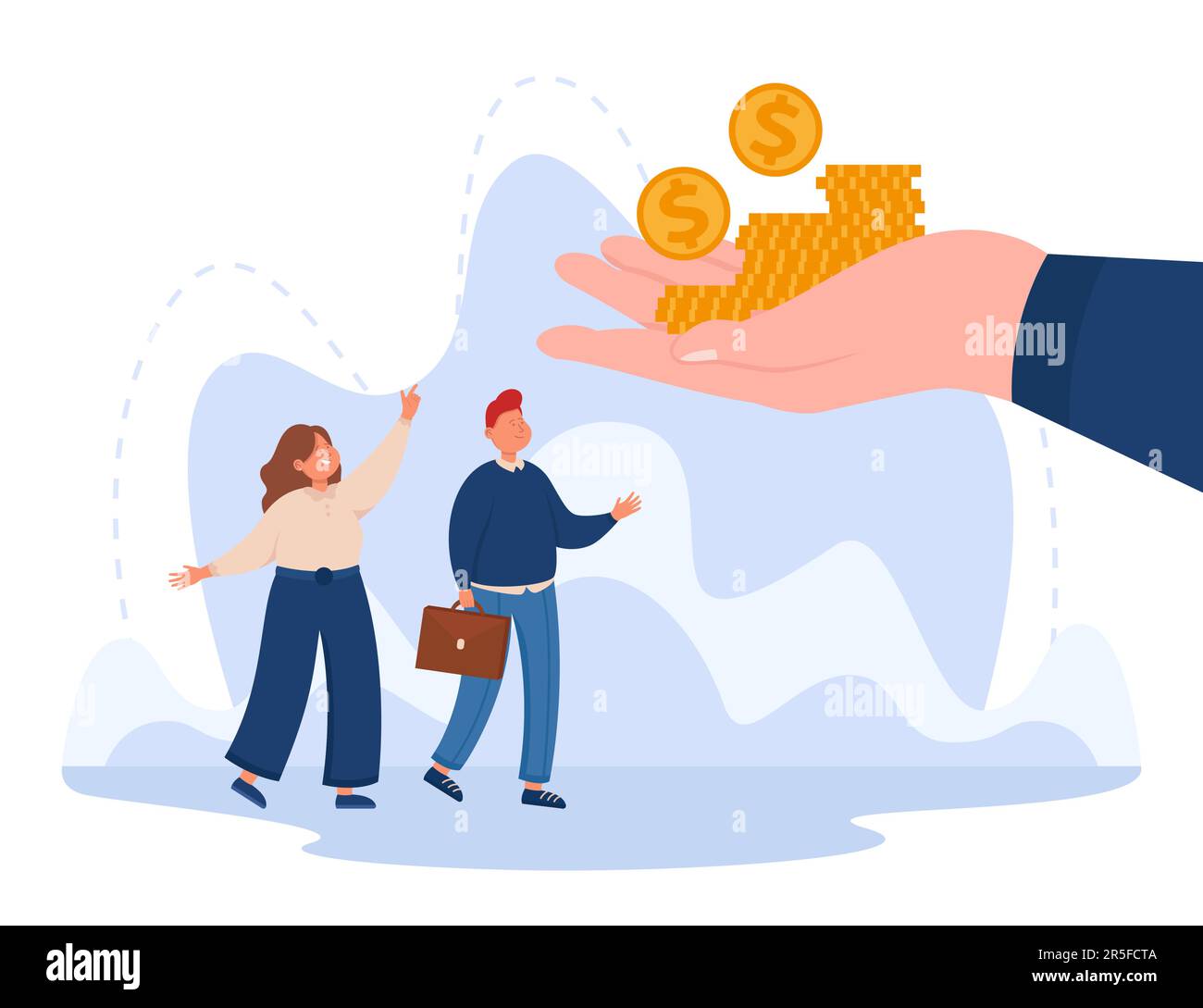 Hand giving gold coins of salary to corporate office workers Stock ...