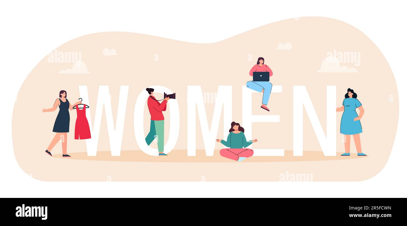 Strong female characters standing together near huge letters Stock ...