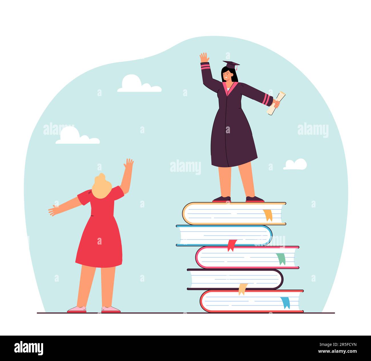 Female graduate standing on stack of books and waving at mother Stock ...
