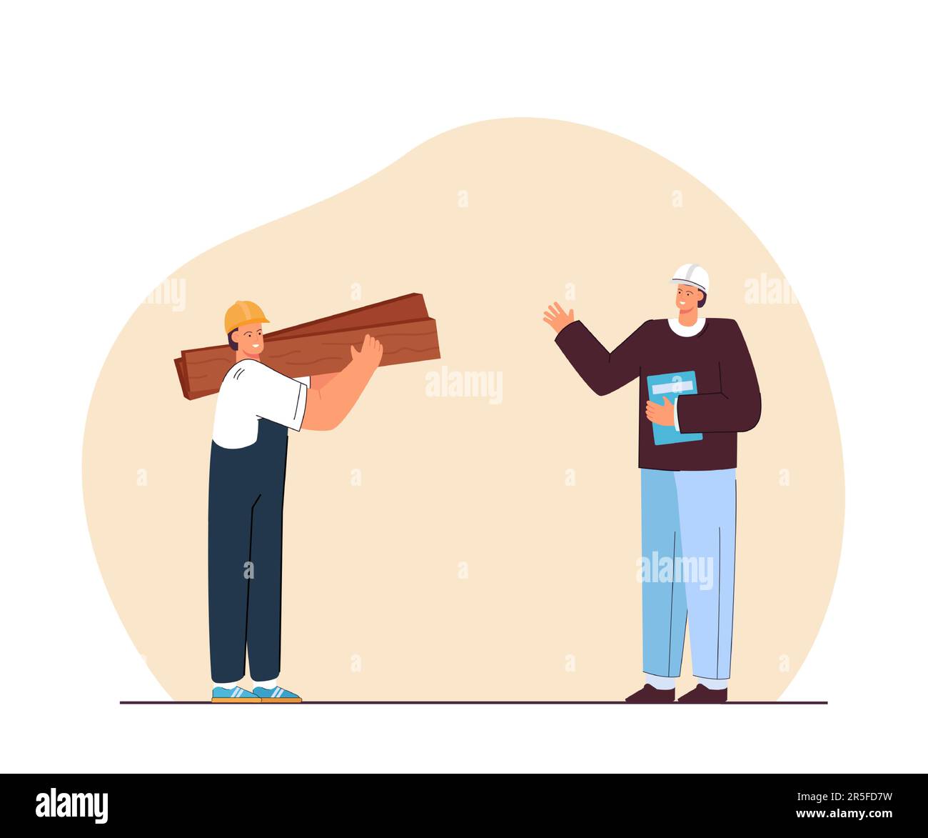 Cartoon construction manager and builder holding wooden planks Stock ...