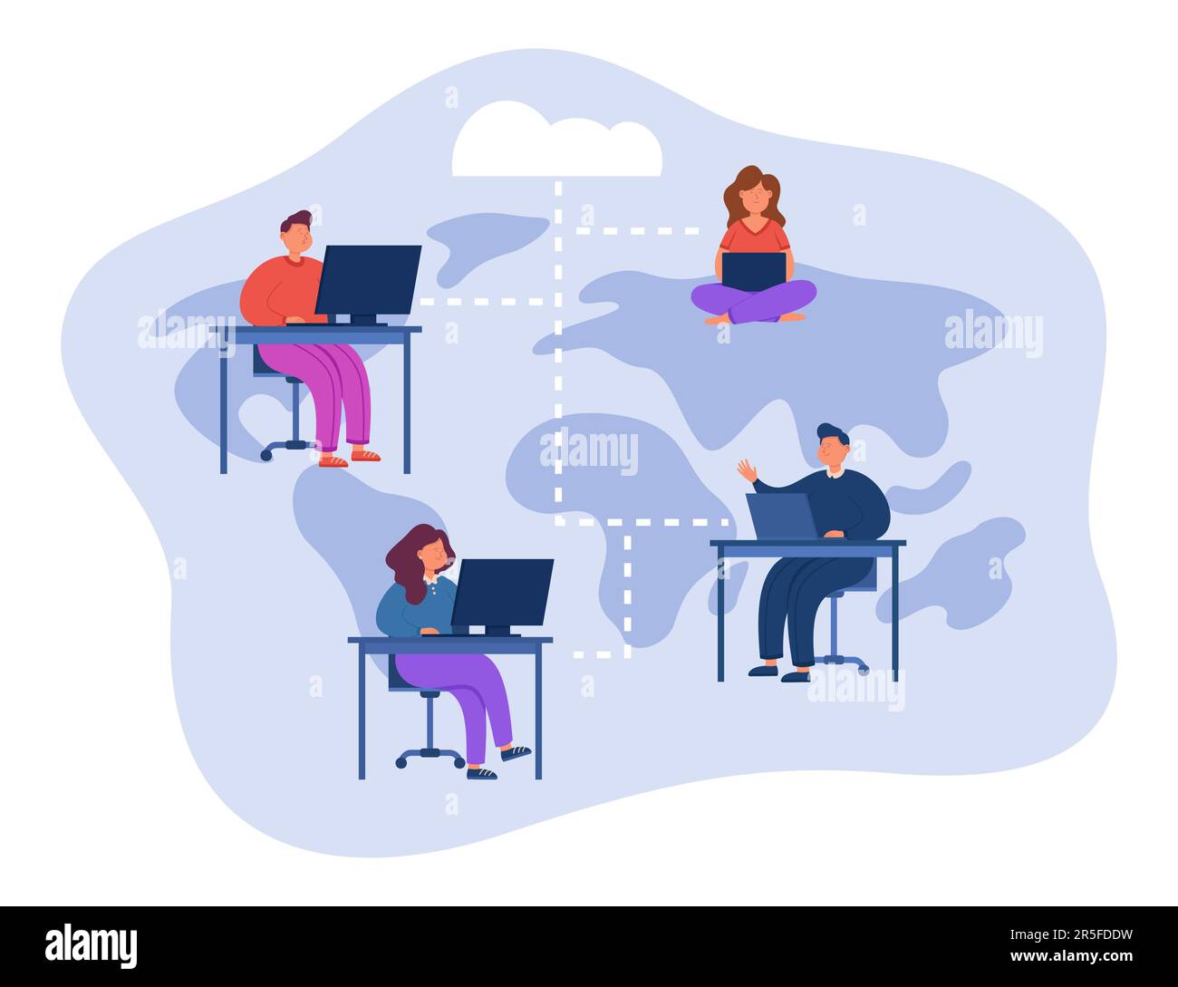 Remote team of cartoon employees sharing data via cloud system Stock ...