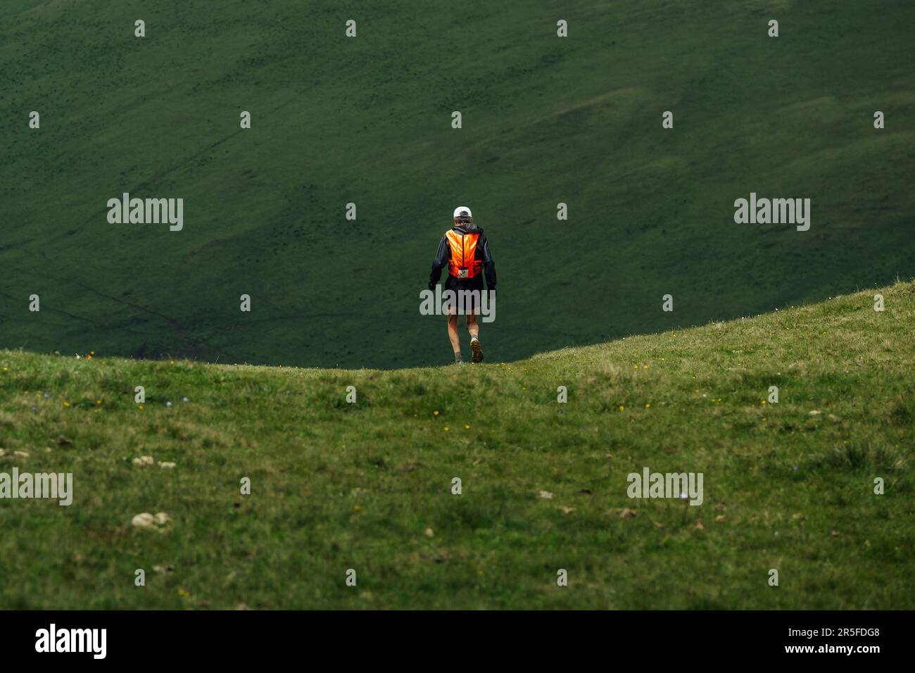 rear view male runner running green meadow mountain marathon race Stock ...