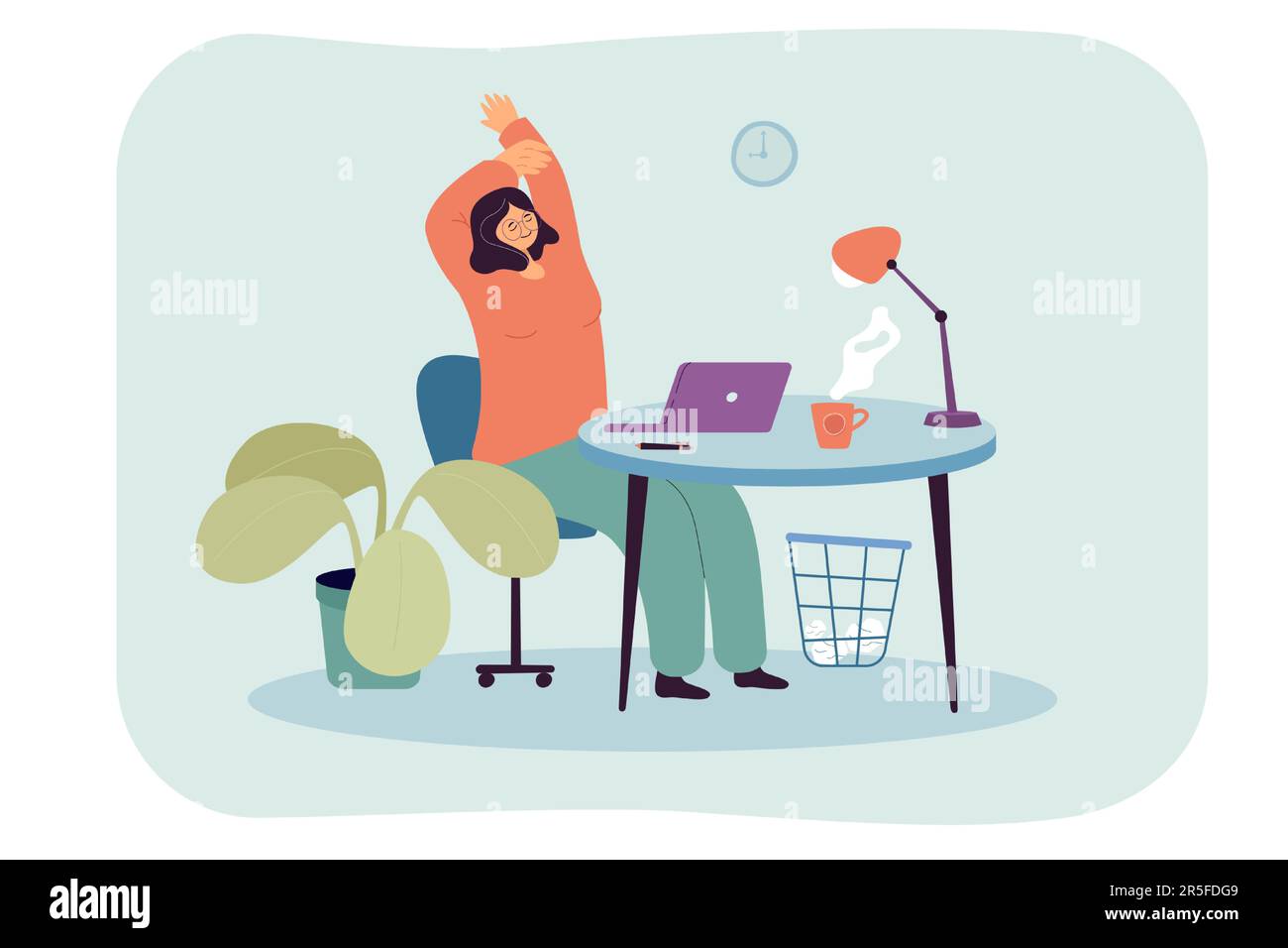Employee cartoon character stretching after working on laptop Stock ...