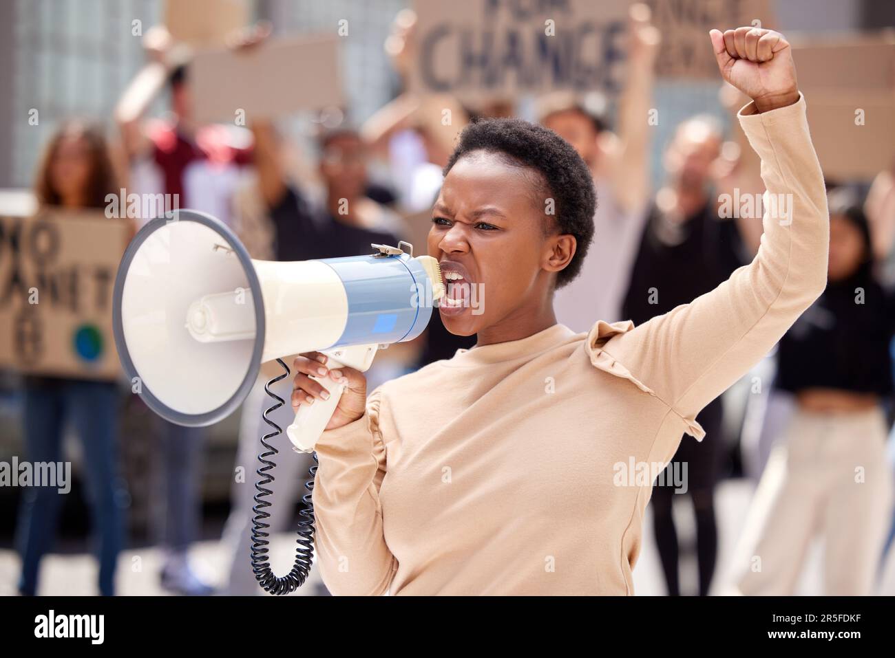 Equality, protest and black woman leader with megaphone and shouting ...