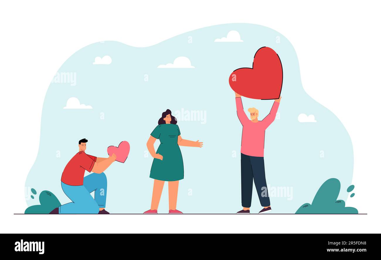 Female cartoon character choosing man holding bigger heart Stock Vector ...