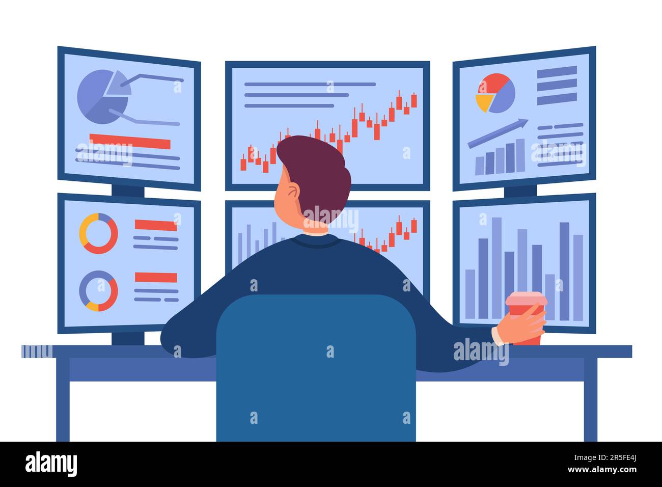 Trader Analyzing Economic Data Charts Of Stock Market Stock Vector