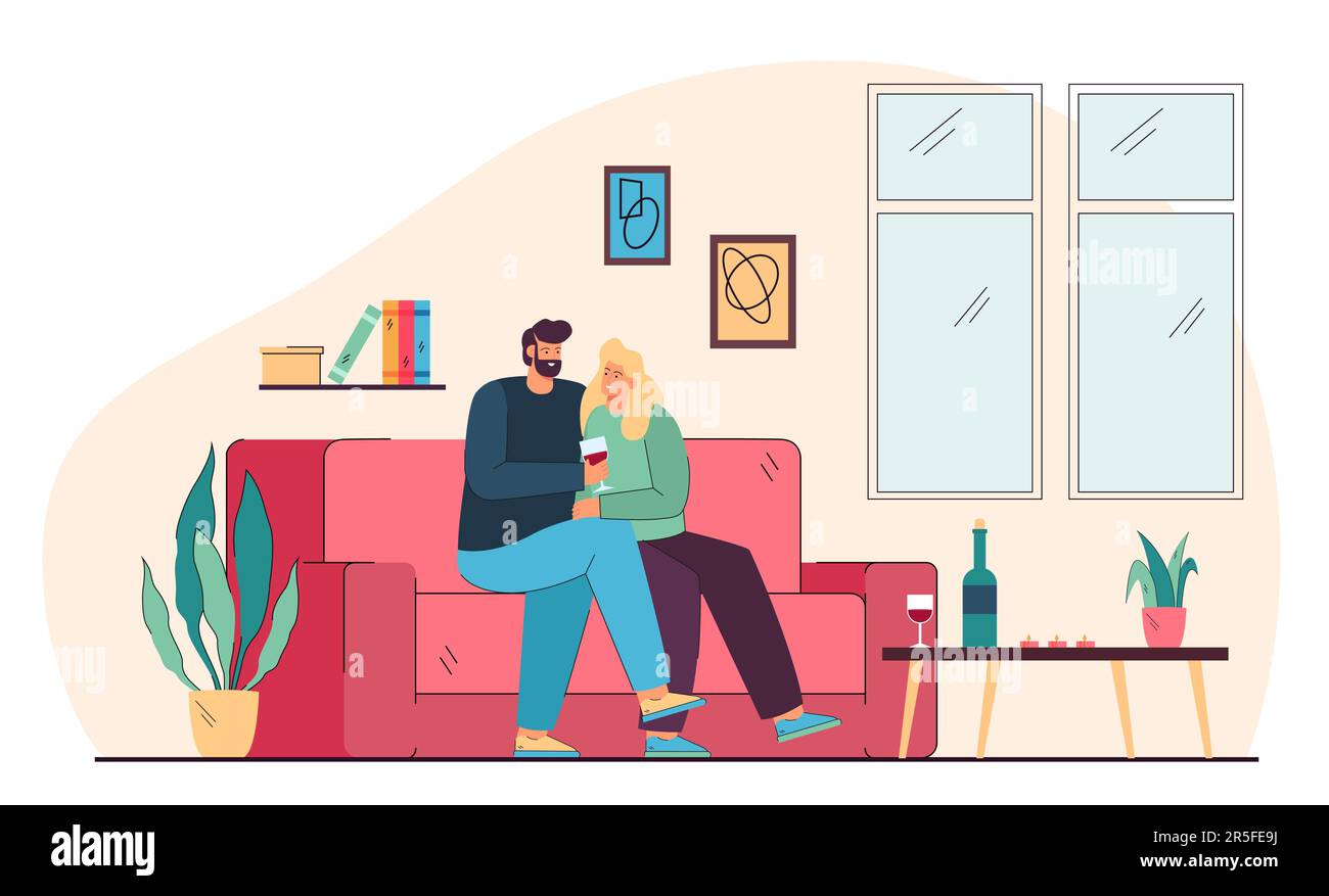 Male and female cartoon characters sitting on couch and drinking Stock ...