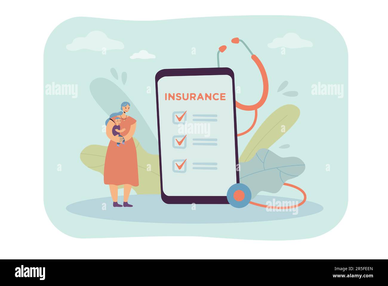 Mother with baby next to insurance policy form on phone screen Stock ...