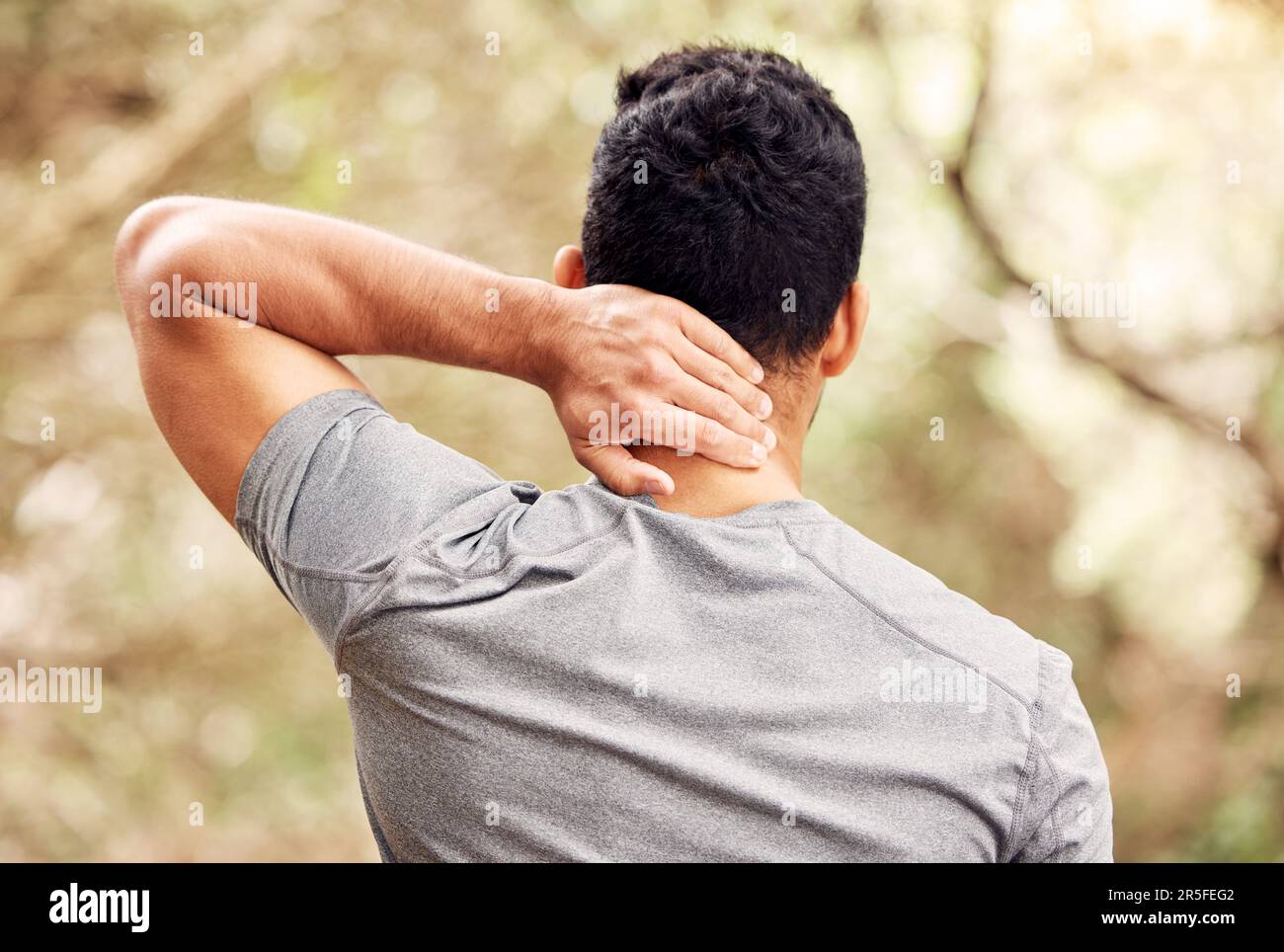 Neck pain, fitness and man in nature for training, running or workout ...