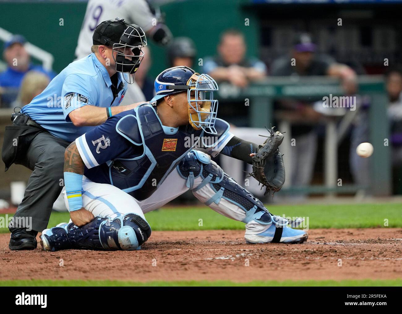 JUN 02, 2023: Kansas City Royals catcher Salvador Perez (13) bring a ...