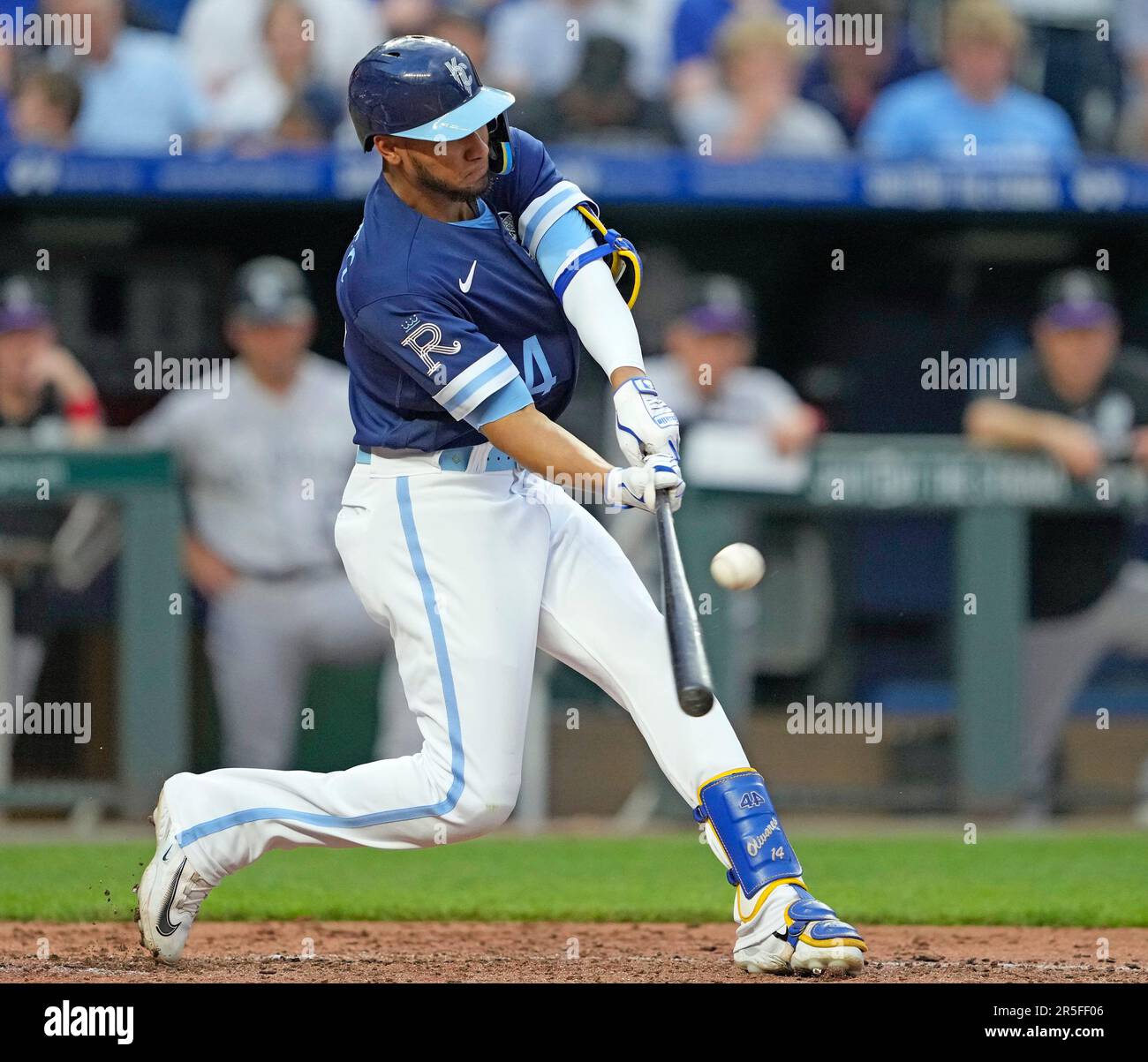 JUN 02, 2023: Kansas City Royals left fielder Edward Olivares (14) drives a ball to deep center ...