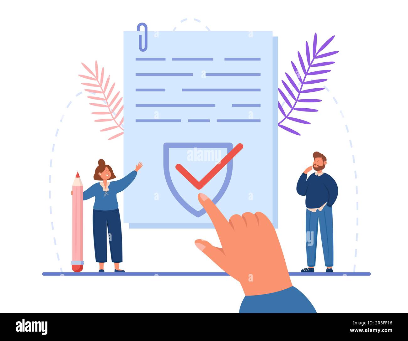 Tiny man and woman signing company legal principles document Stock ...
