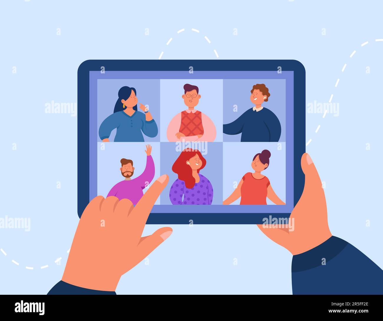 Hands holding tablet with video call flat vector illustration Stock ...