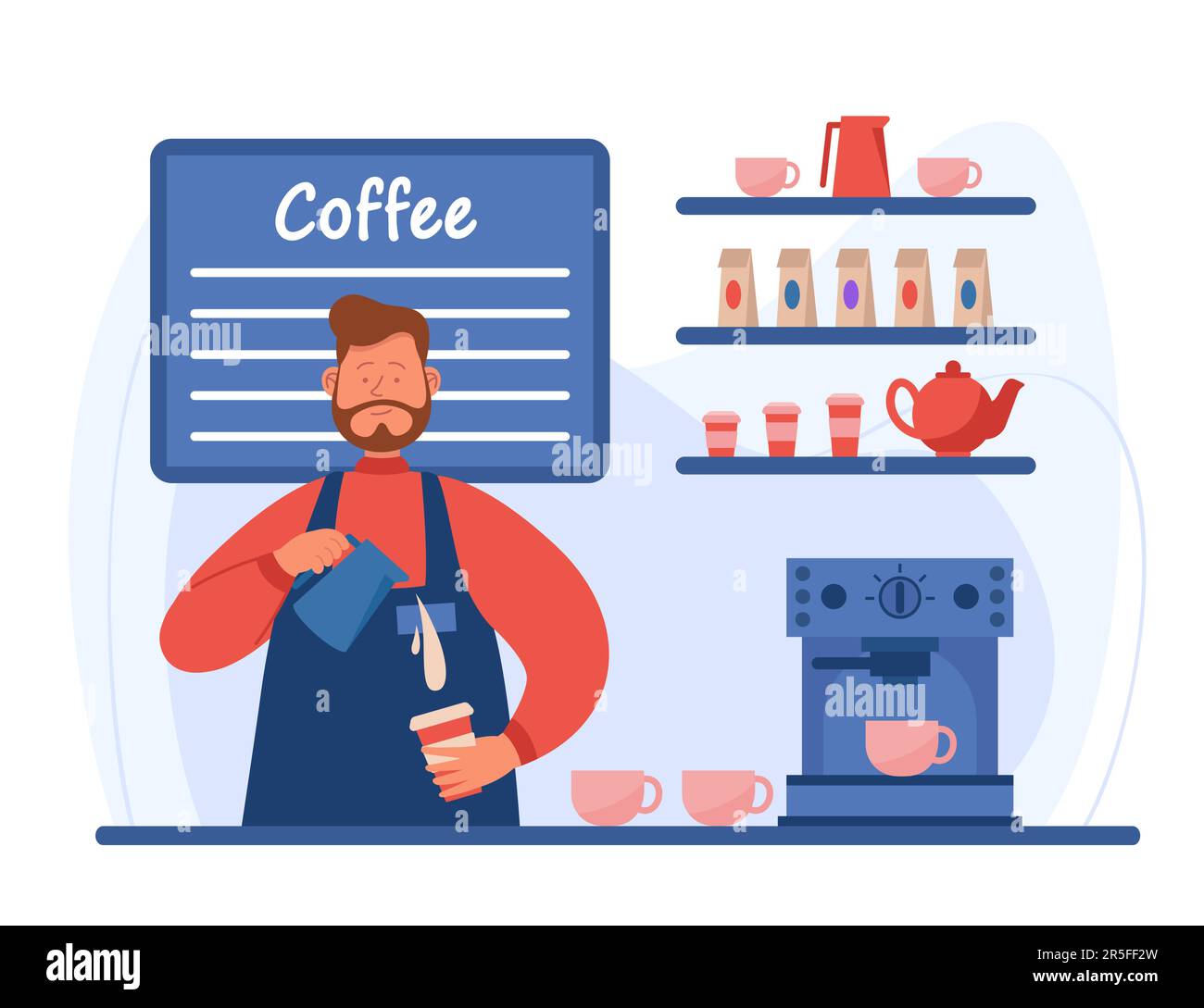 Cartoon barista making high quality espresso at coffee station Stock ...