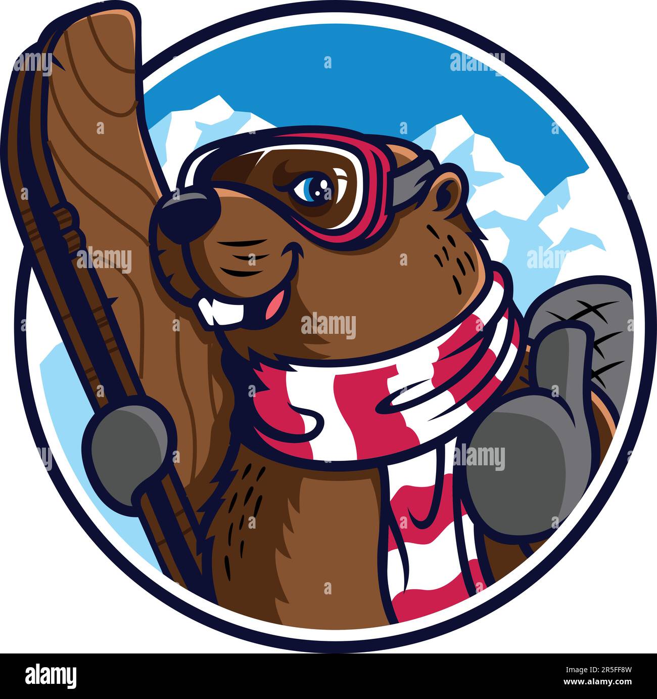 Cute Beaver with Goggles and Scarf, Holding a Wooden Skiing Stock ...