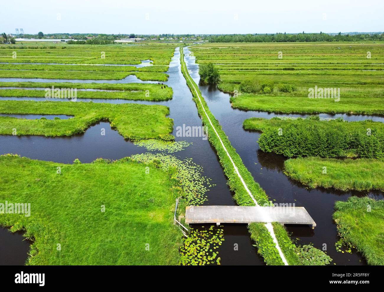 Beautiful aerial view of a small path in the wide open Dutch polder ...