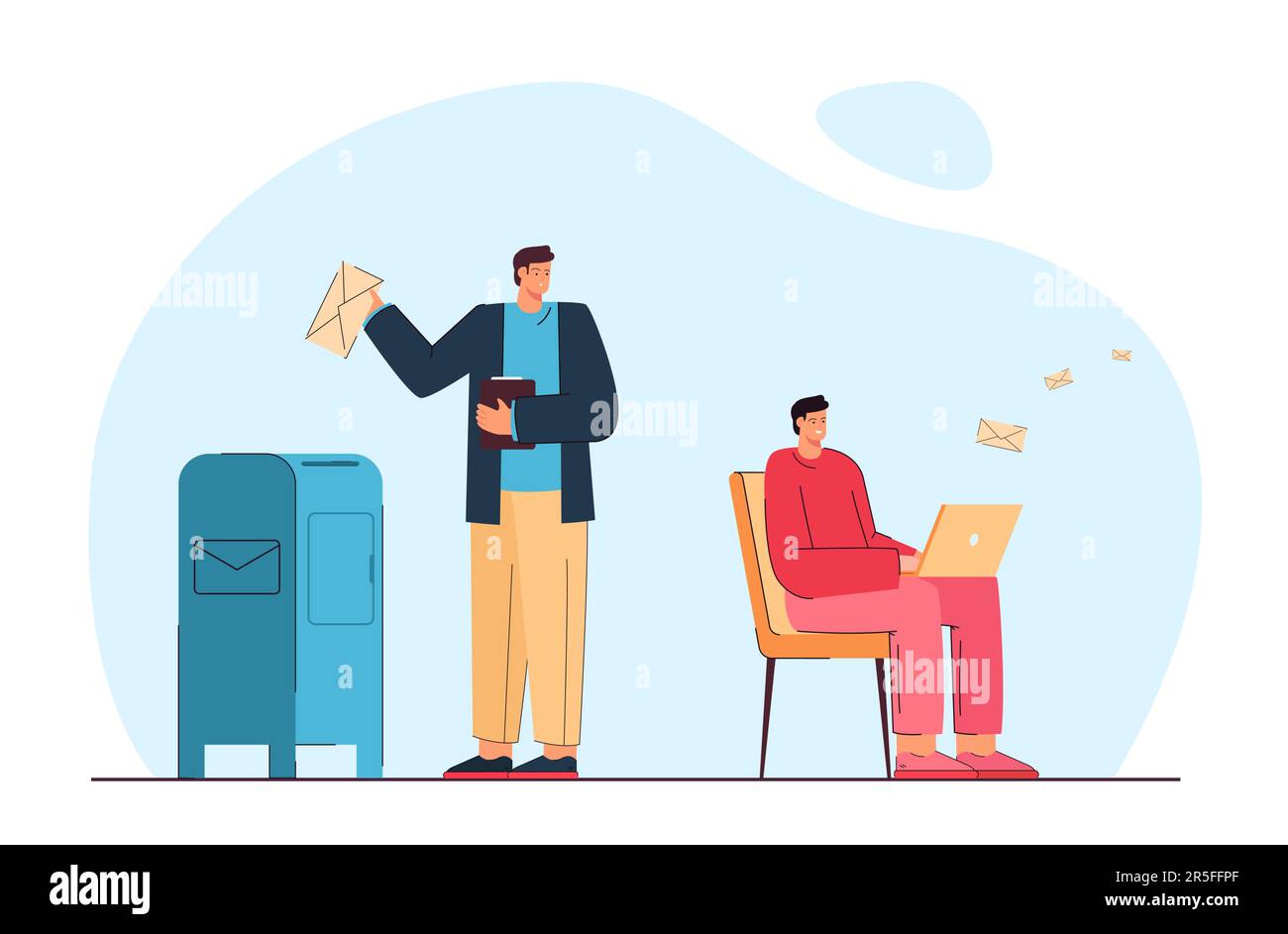 One man sending letter in envelope, another using electronic Stock ...