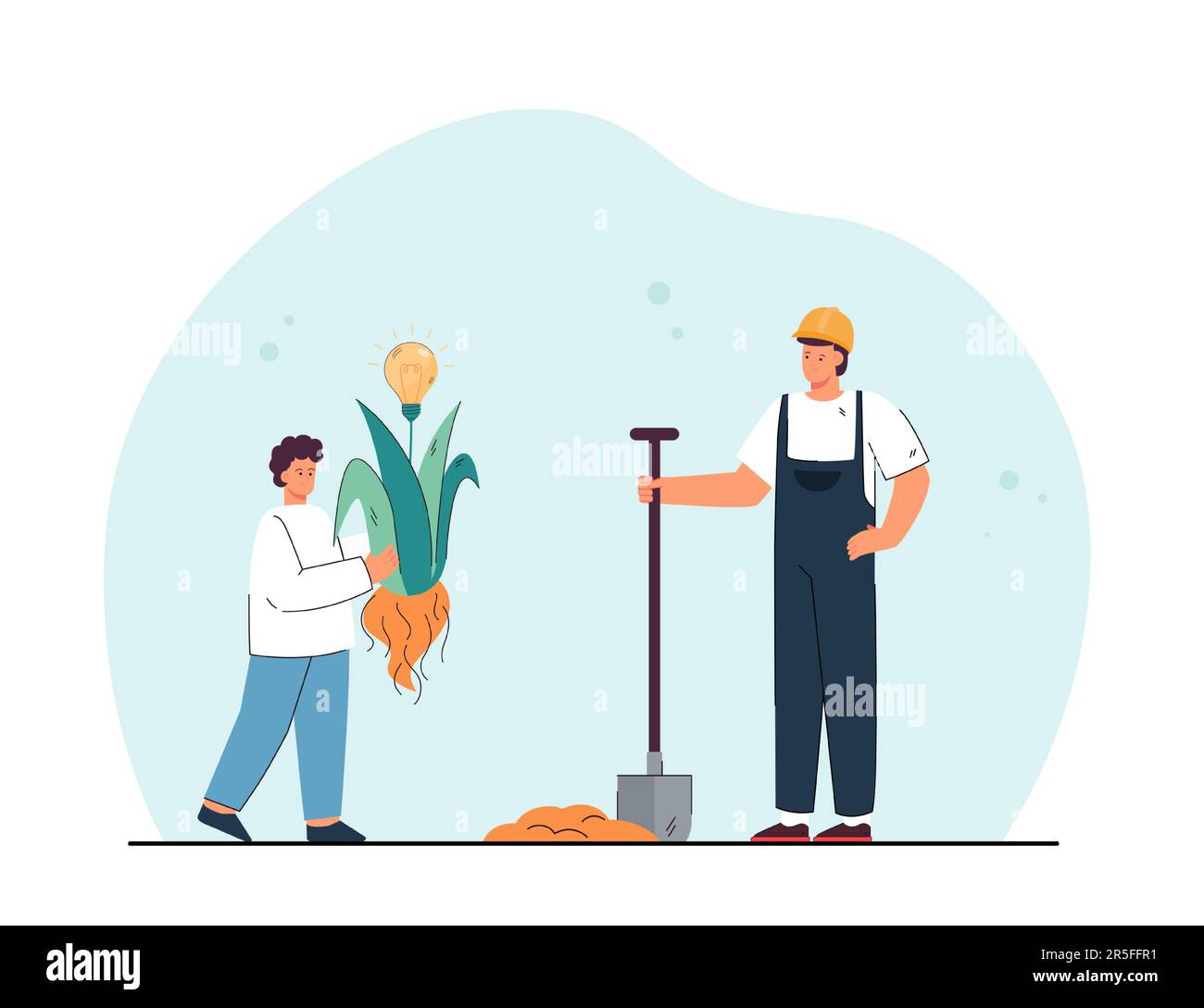 Cartoon dad with shovel and son planting idea in garden Stock Vector ...